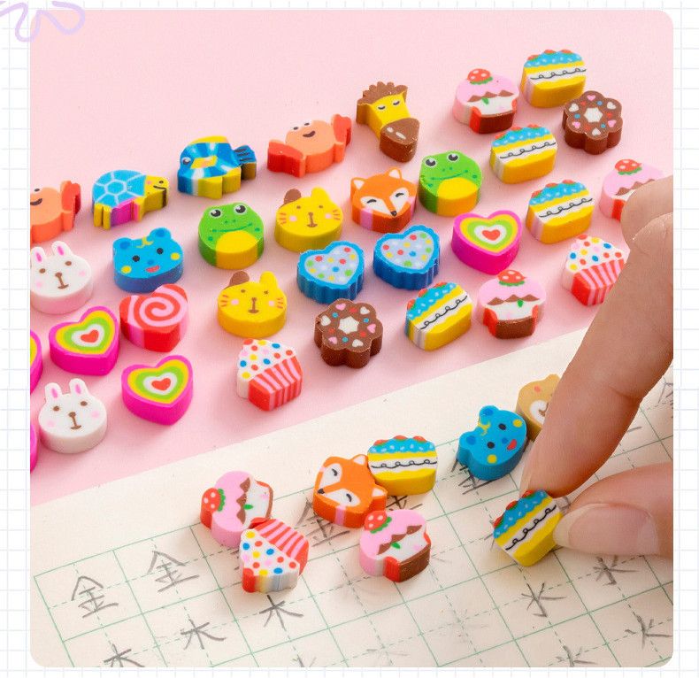 50Pcs granule bag eraser, fruit and animal eraser, heart mini eraser ...
