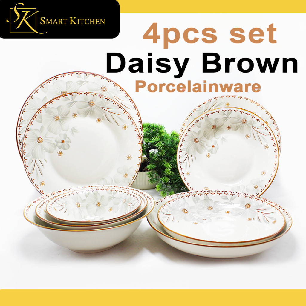 4pcs set Daisy Brown porcelain dinnerware Plates, Bowls pink flower ...