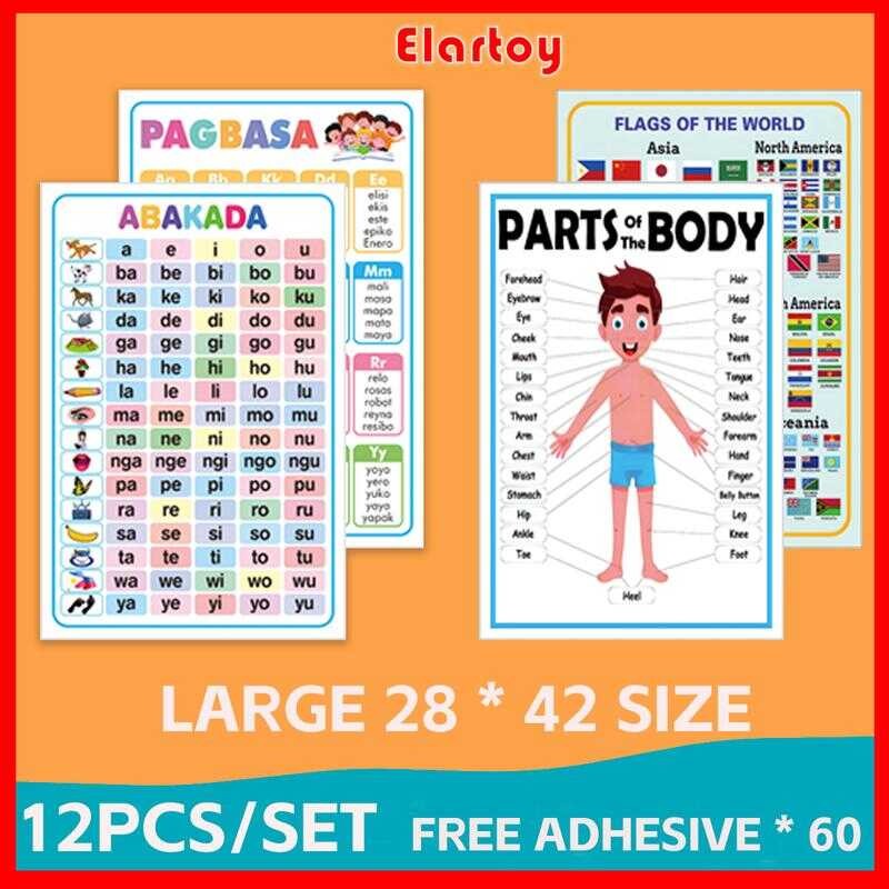12 In 1 Abakada English Chart For Kid Educational Wall Alphabet Numbers ...