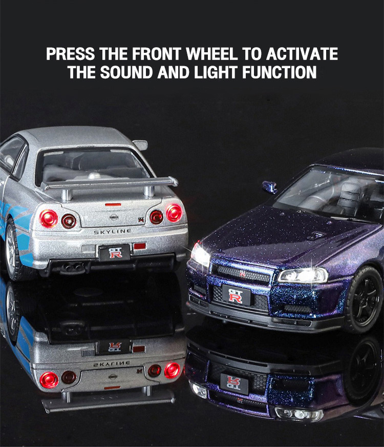 KLT 1:32 NISSAN GTR R34 Metal Alloy Toys Car Model Diecast Vehicle For ...