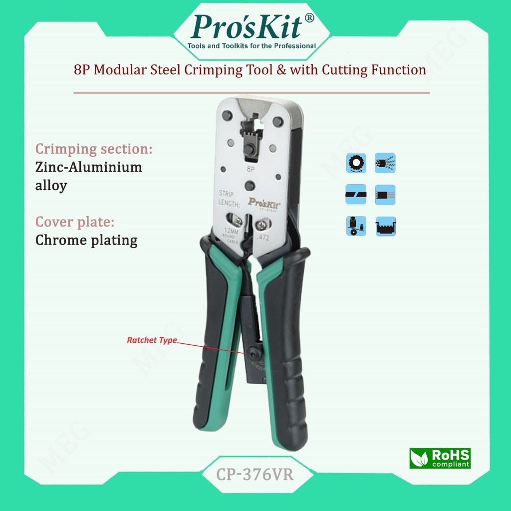 Crimping Tool 8P RJ45 Steel Crimper Modular Tool Pro'sKit CP-376VR ...