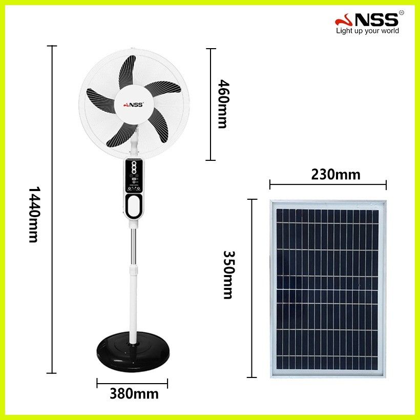 NSS Solar Rechargeable 16'' Electric Fan With Panel LED Light AC/DC ...