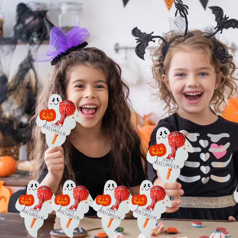 200 Pcs Halloween Lollipop Paper Cards Jam Chocolate Candy Holder Ghost ...