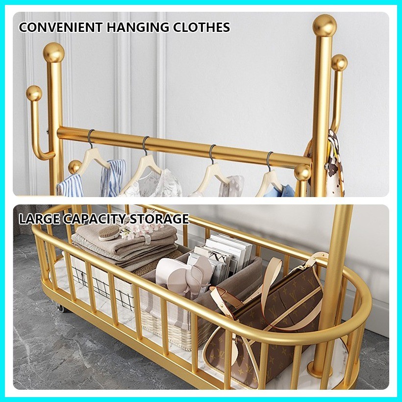 Movable Clothes Rack Bedroom Clothes Hanger With Basket Universal ...