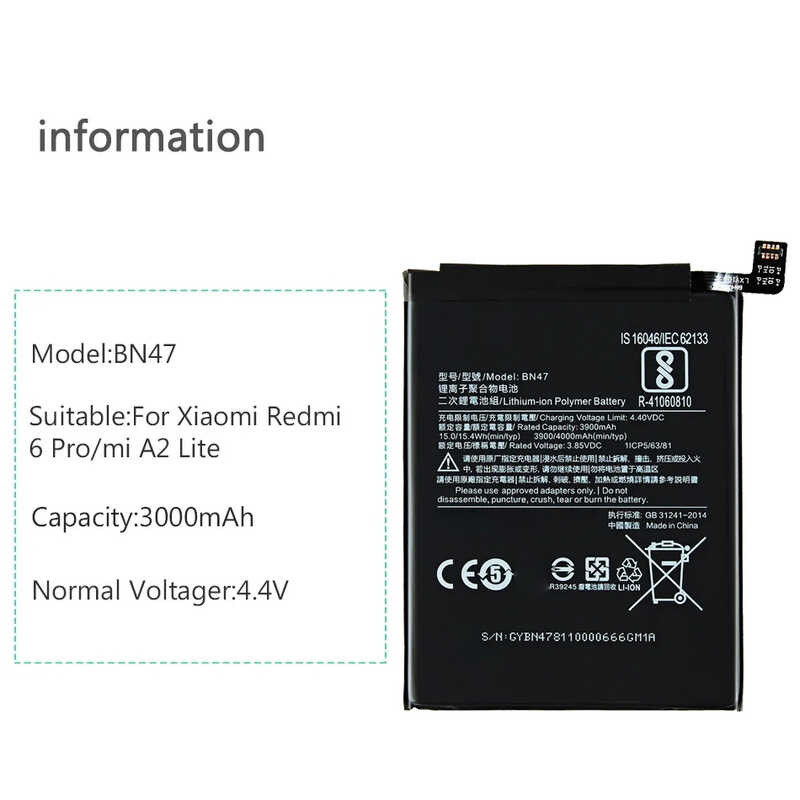 Bn47 Kikiss 3000Mah Battery For Xiaomi Mi A2 Lite/For Redmi 6 Pro ...