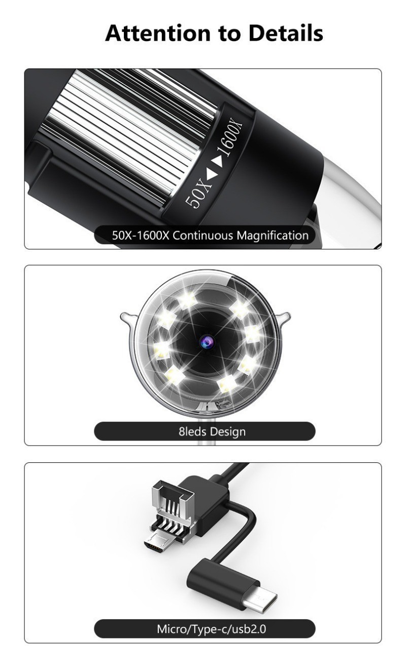3 in 1 1600X Digital Microscope Camera Type-C USB Portable High ...