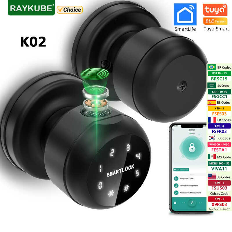 RAYKUBE K02 Round Knob Fingerprint Smart Lock Tuya Bluetooth Biometric ...