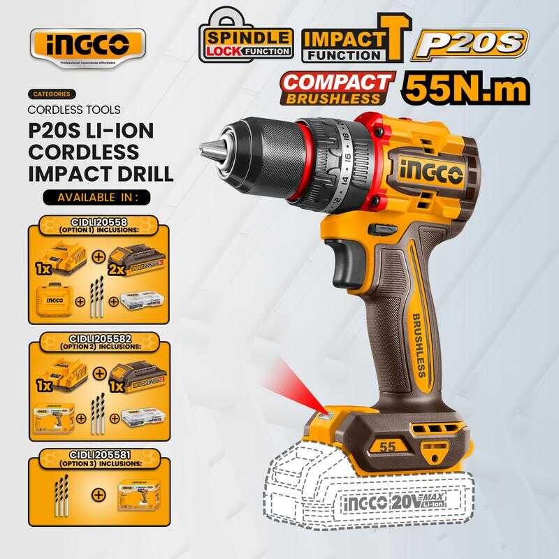 Ingco P20 Series Li-Ion 20V Compact Brushless Cordless Impact Drill Max ...