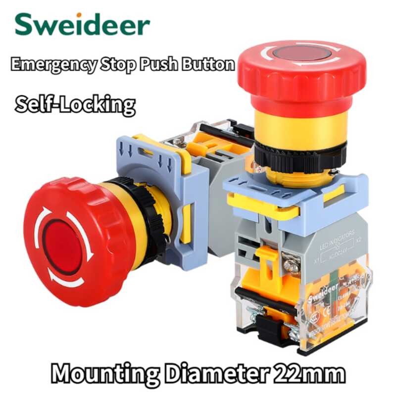 22Mm Emergency Push Stop Mushroom Head Self Locking Latching Power ...