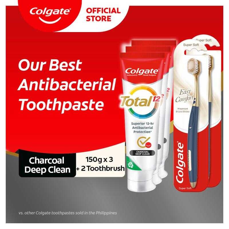 Colgate Total 12 Charcoal Deep Clean Toothpaste 150G, Pack Of 3 + Easy Comfort Wide-Head ...