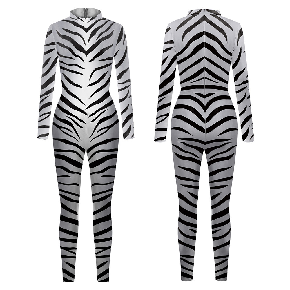 ♀ Pattern Jumpsuit Halloween Cosplay Costume Zebra Skinny Bodysuit ...