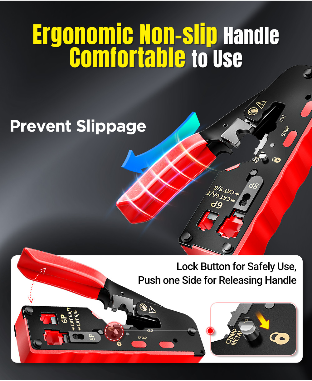 AMPCOM Cat 7 Network Crimping Tool CRIMP/CUT/TRIM/STRIP 4-IN-1 Works ...