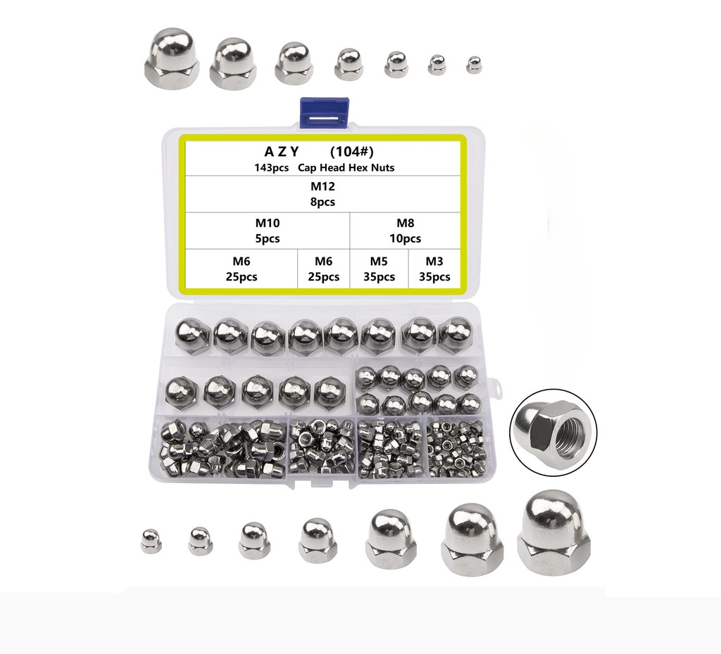 143-Pcs M3 M4 M5 M6 M8 M10 M12 Acorn Dome Cap Head Hex Nuts Assortment ...
