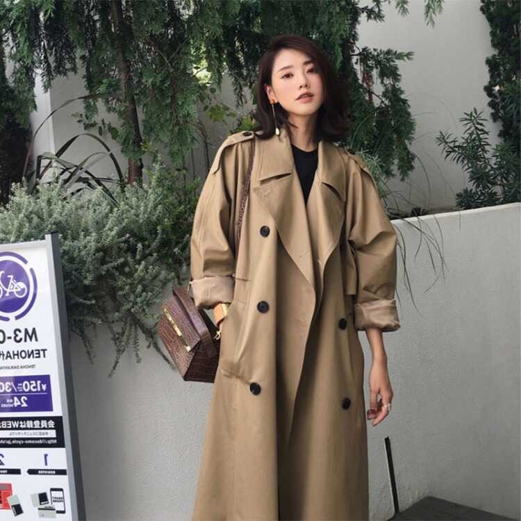 Katunayan Klasikal Double Breasted Long Trench Jacket Na May Belt ...