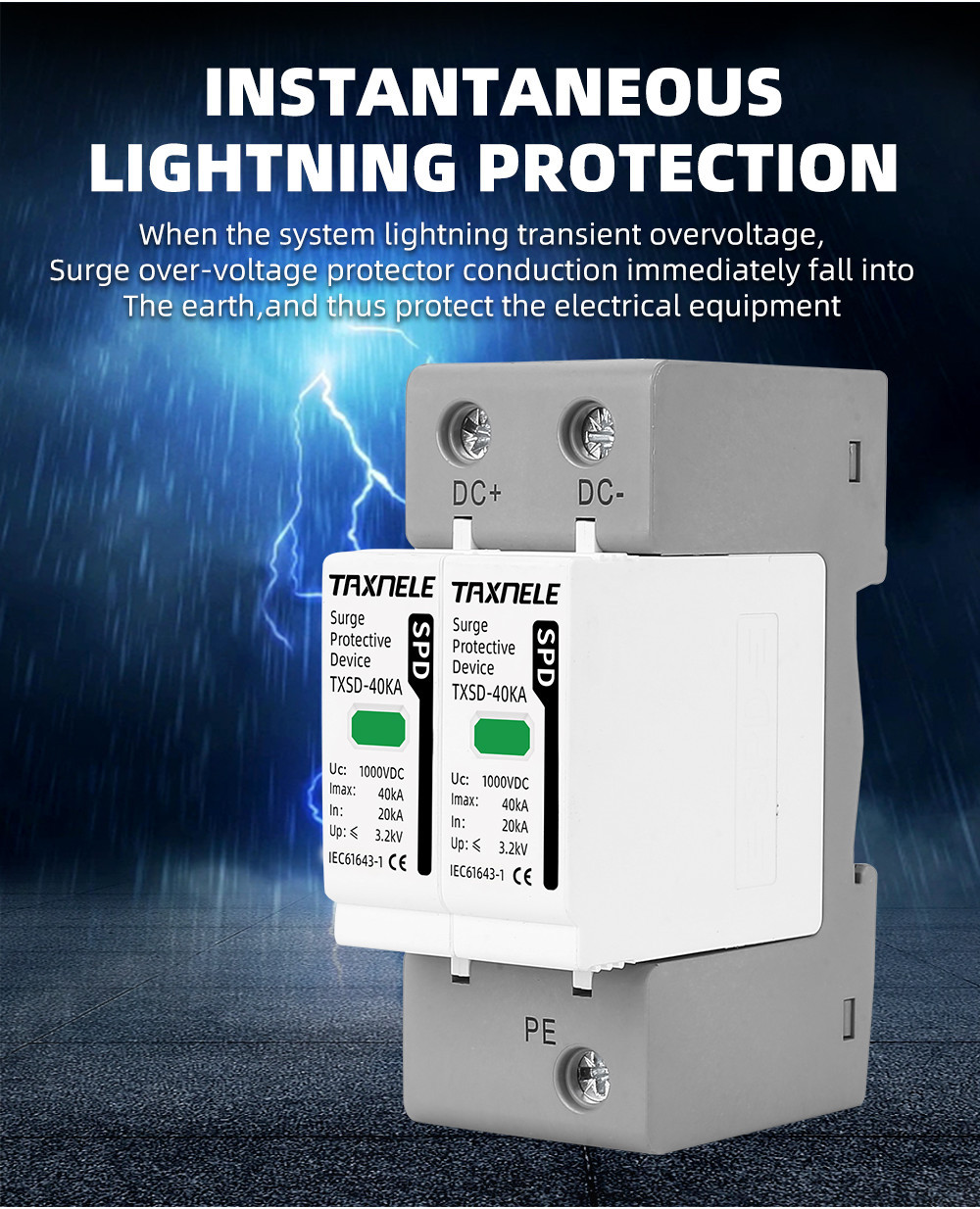 TAXNELE DC SPD 600V 800V 1000V 20KA 40KA surge Protector Solar PV Lightning Arrester TXSD-40KA ...