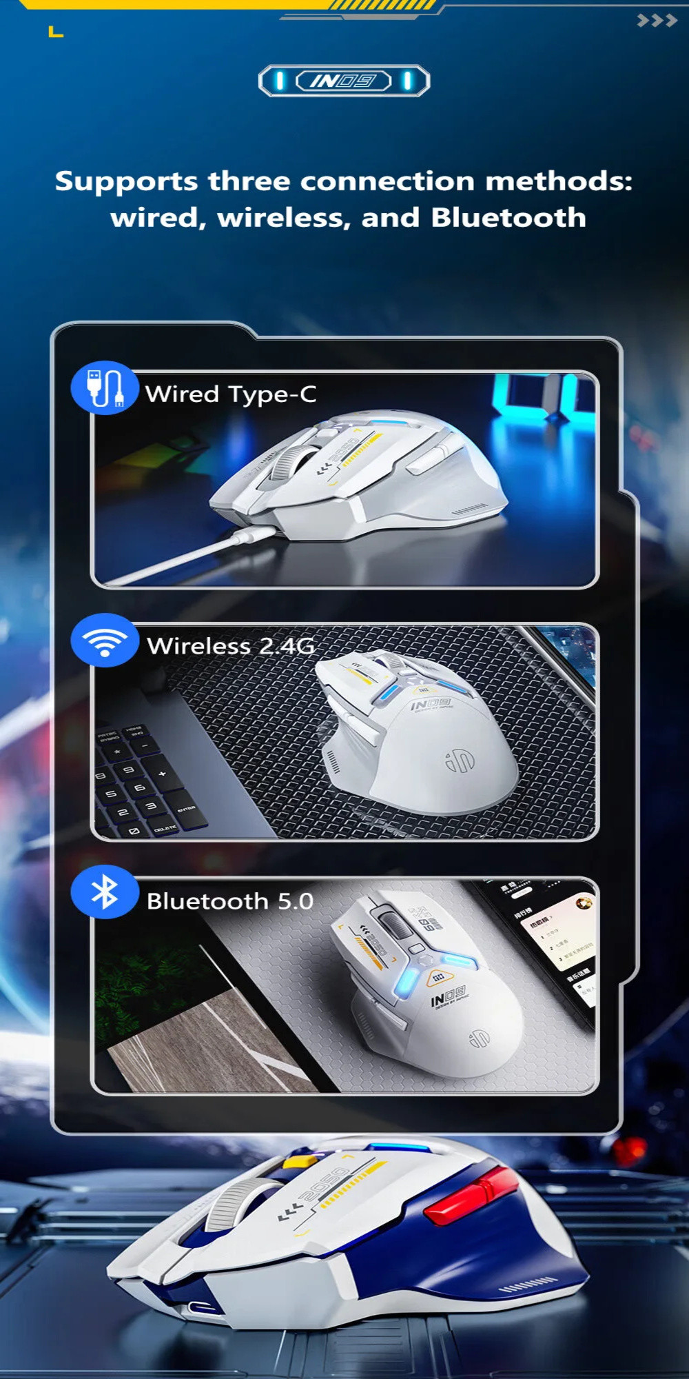 Inphic IN9 Wireless Gaming Mouse Rechargeable Ergonomics Bluetooth ...