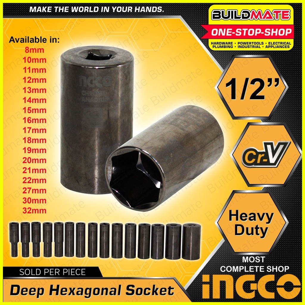 BUILDMATE Ingco 8mm - 32mm (1/2" Inch) Deep Hexagonal Sockets CR-V ...