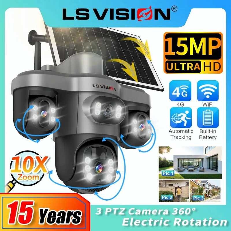 A LS VISION 15Mp Three Ptz&Screen 4G Solar Camera WIFI Wireless CCTV ...