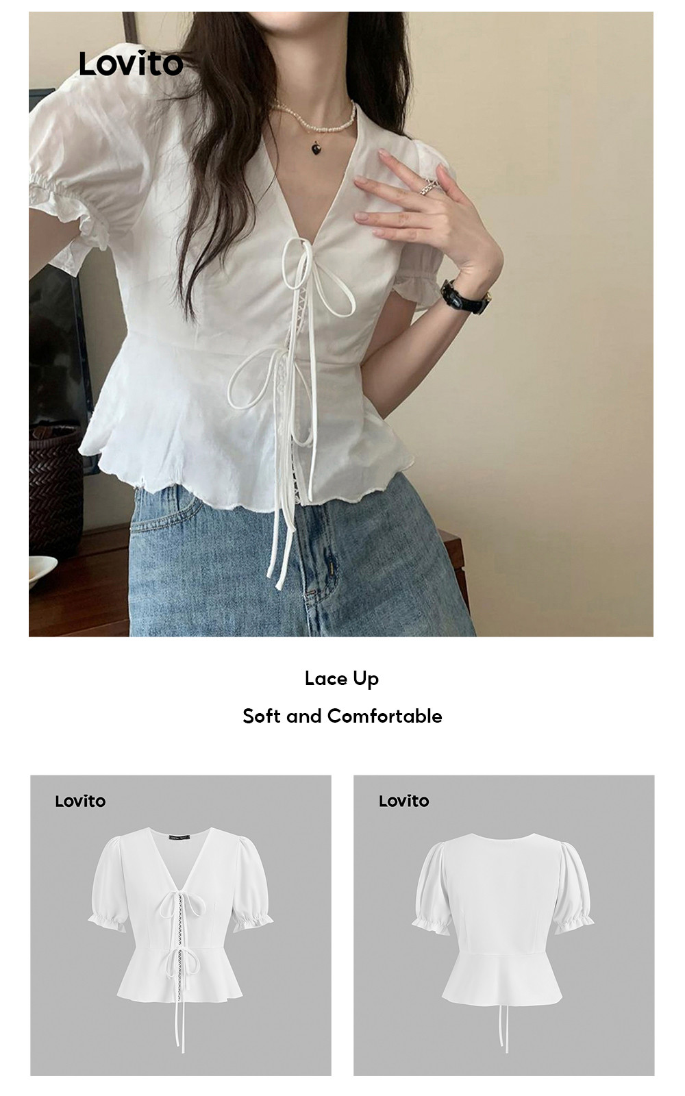 (KOL‘s pick) Lovito Women Casual Plain Lace Up Blouse L123ED063 ...