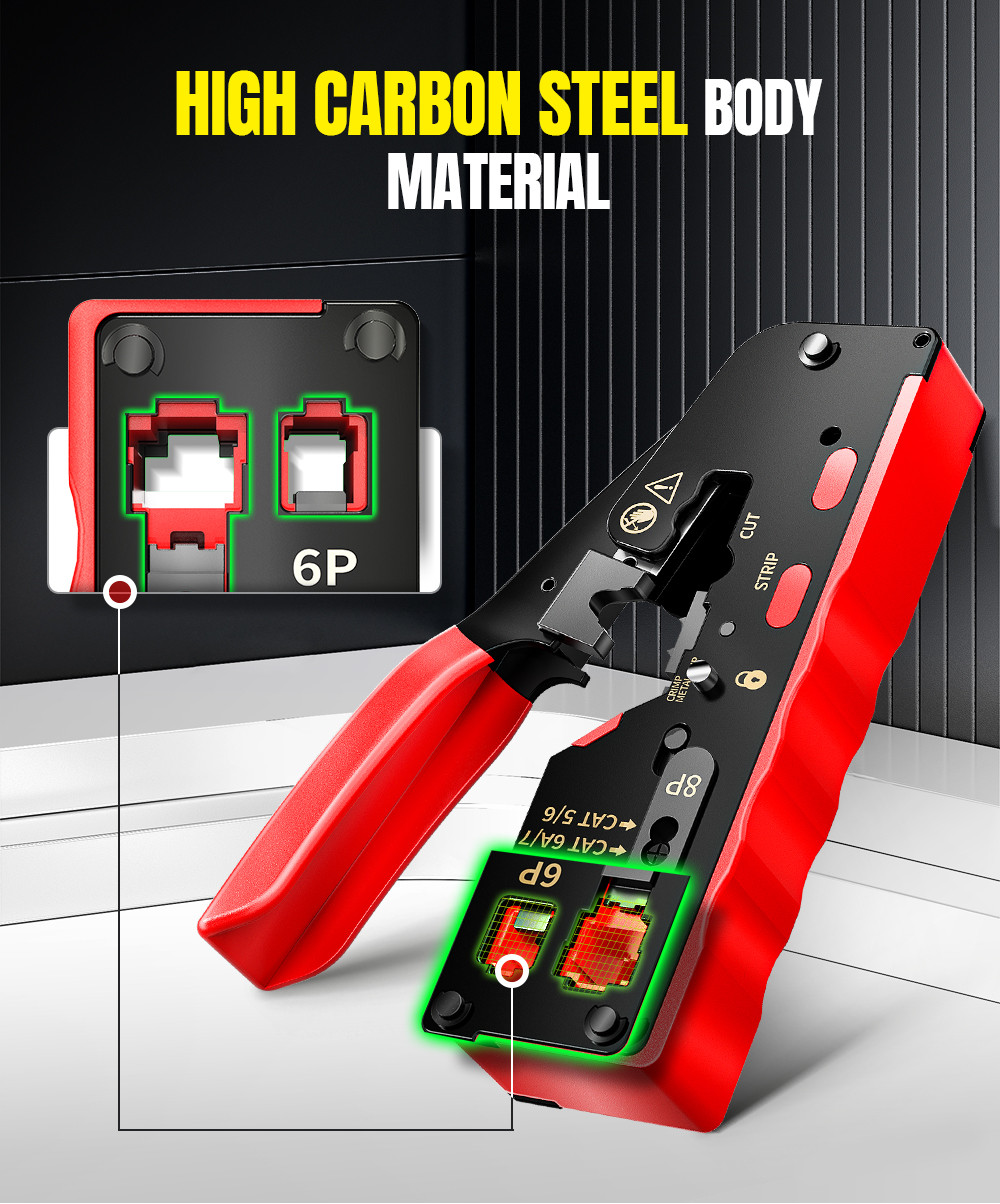AMPCOM Cat 7 Network Crimping Tool CRIMP/CUT/TRIM/STRIP 4-IN-1 Works ...