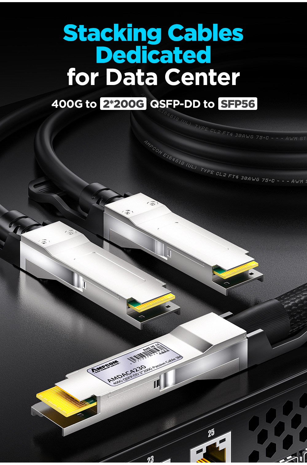 AMPCOM 400G PAM4 QSFP-DD to 2x 200G QSFP56 Passive Direct Attach Twinax ...