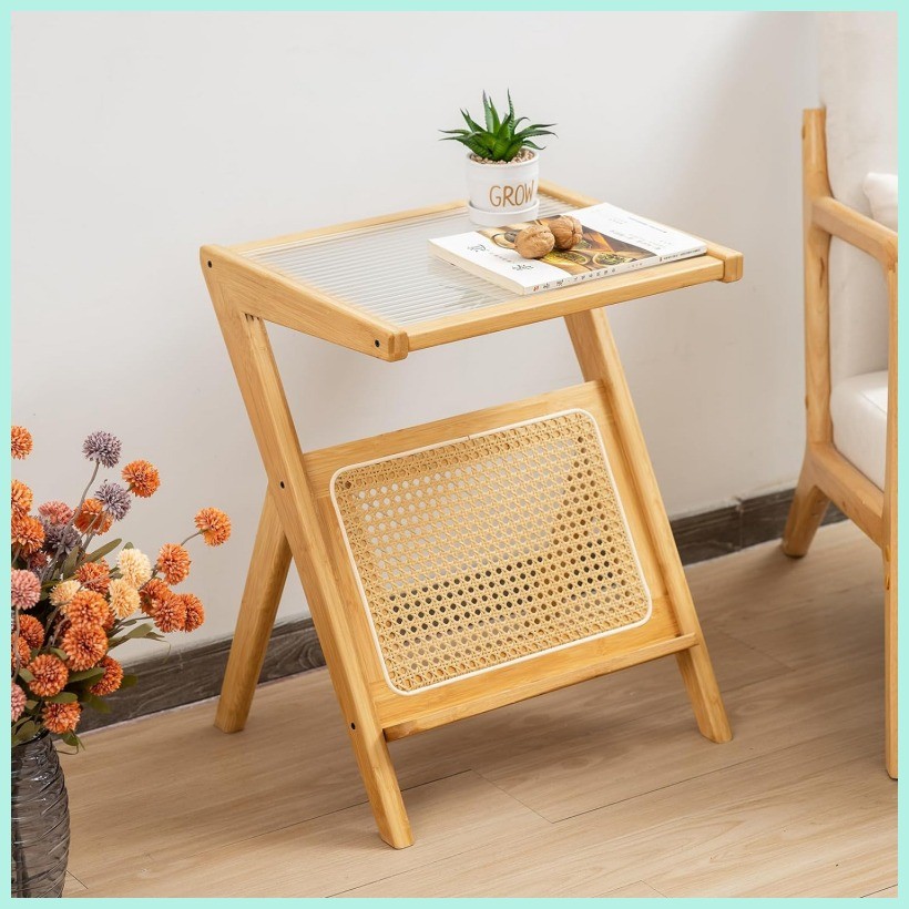 Rattan Side Table NightStand End Table Glass Bedside Table Small Bamboo ...