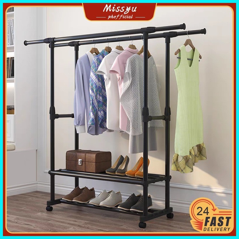 Extendable Double Pole Clothes Rack with Wheels Metal Clothes Hanger ...