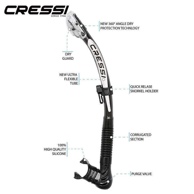 C76 Cressi ALPHA ULTRA Dry Silicone Snorkel Diving Snorkeling Silica Gel Flexible Breathing Tube ...