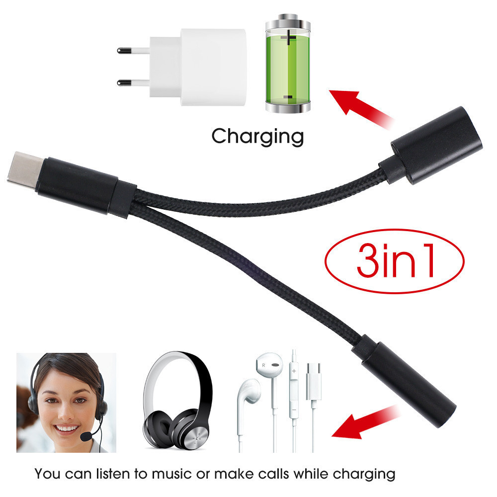 2 in 1 Type-C To 3.5mm Connector Adapter Headphone Audio Jack for ...