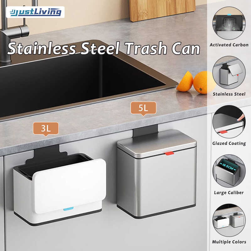 3/5L Justliving Kitchen Stainless-Steel Trash Lid Compost Bin Counter ...