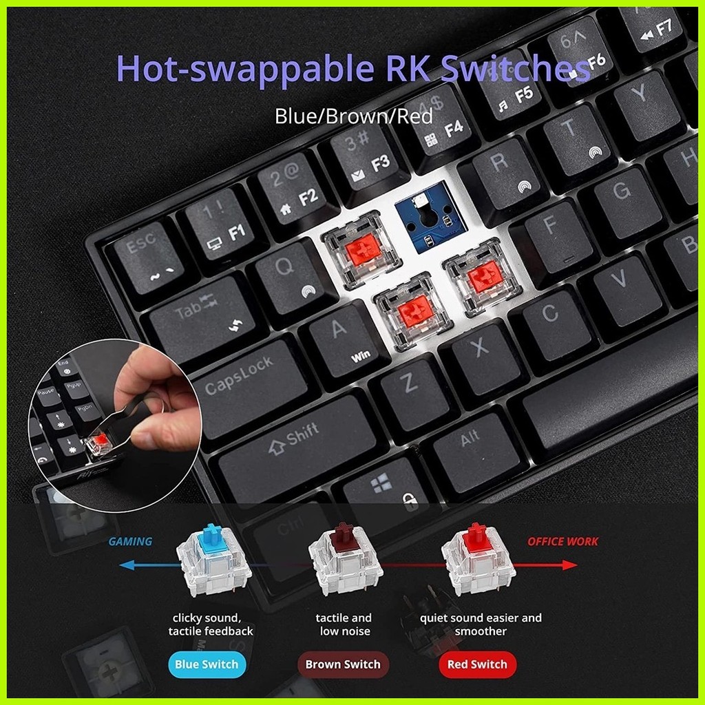 § Royal Kludge RK71 Wireless Bluetooth 71 Keys RGB Backlight Hotswap ...