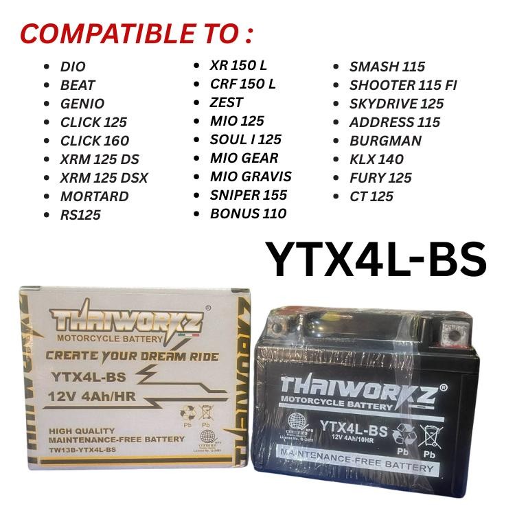 HONDA XRM 125 DS THAIWORKZ MOTORCYCLE BATTERY ORIGINAL SIZE YTX4L-BS ...