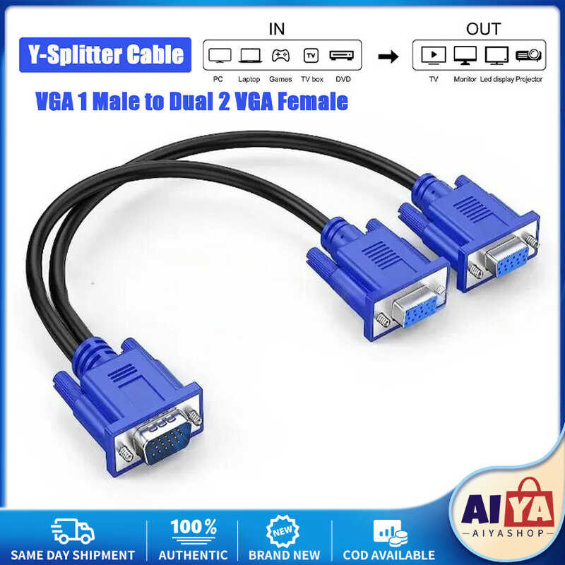 VGA Splitter Cable 1 Computer To Dual 2 Monitor Male Female Adapter ...