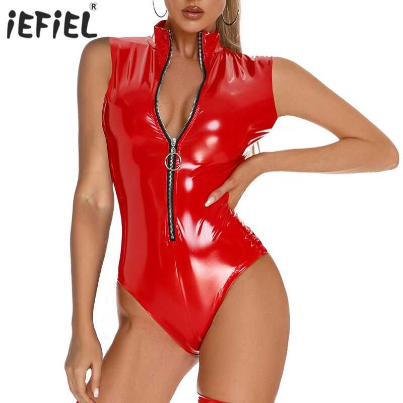 Womens Glossy Sexy Patent Leather Bodysuit gerie Latex Keyhole Zipper Crotch Leotard Catsuit ...