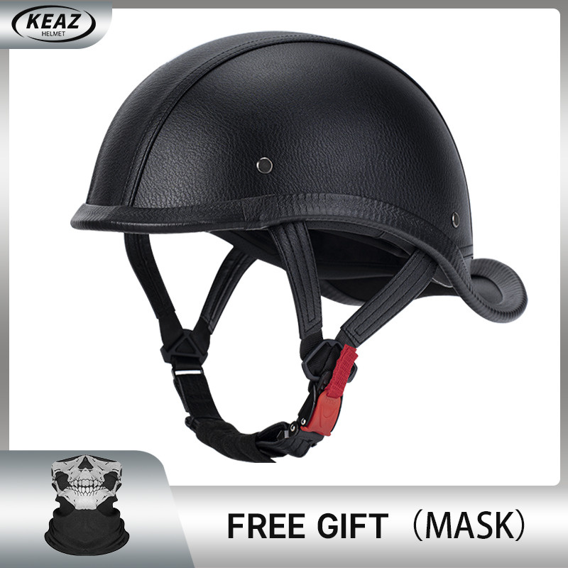 Vintage German BLACK Leather Retro Style Motorcycle Half Face Helmet ...
