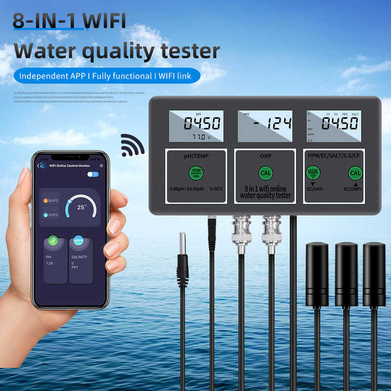 8 In1 Wifi Water Quality Digital Display ORP EC CF TDS SALT S.G Temperature Sensors Meter ...