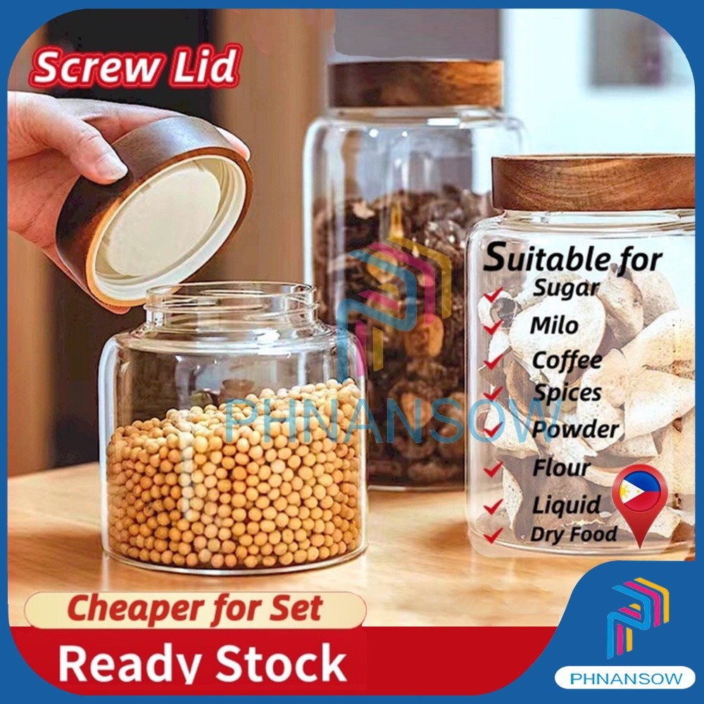 Wood Lid Glass Screw Food Glass Jar Kitchen Storage Bottles Jar Pot ...