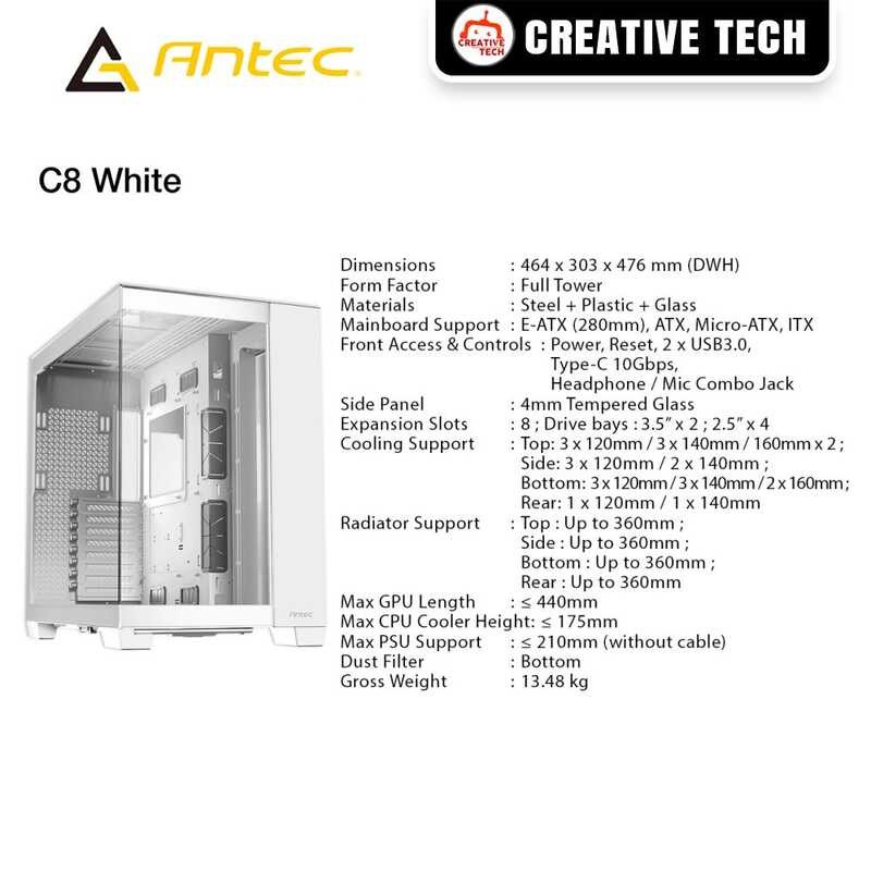 23D Antec C8 White, Fans Not Included, RTX 40 Compatible, Dual-Chamber ...