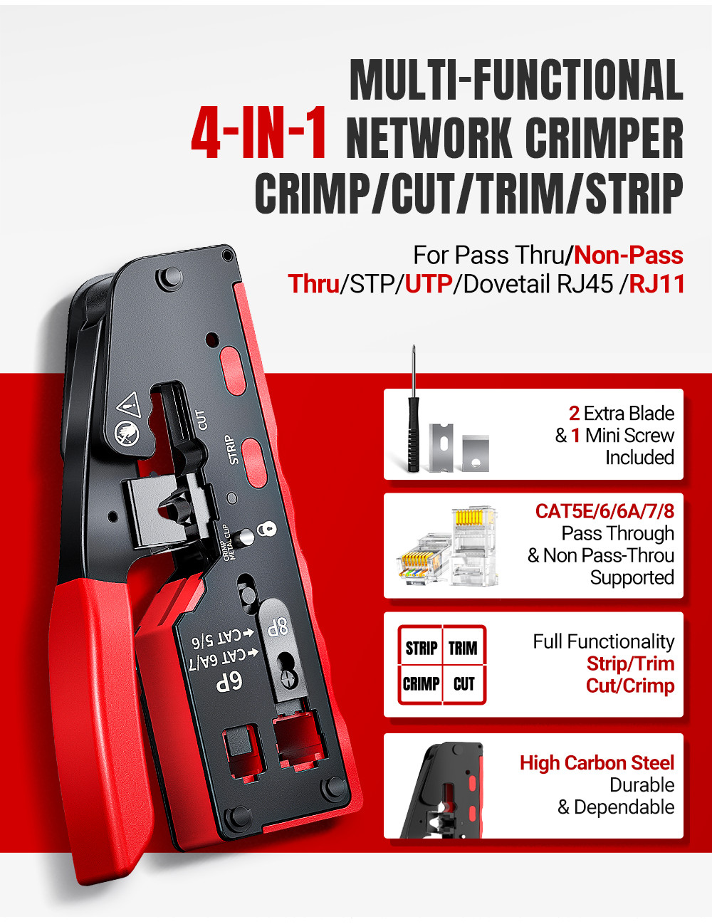 AMPCOM Cat 7 Network Crimping Tool CRIMP/CUT/TRIM/STRIP 4-IN-1 Works ...