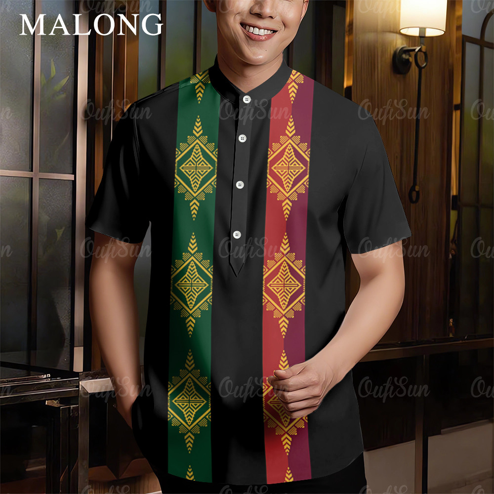 Men's Malong Design Short - Sleeve Ethnic Shirt Stand - Up Collar ...