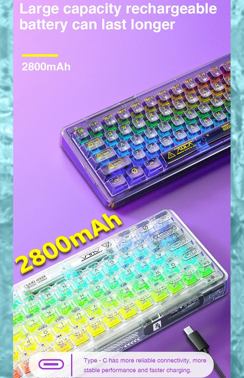 AULA F68 Mechanical Keyboard Wireless 3 Mode with Knob Transparent 68 ...