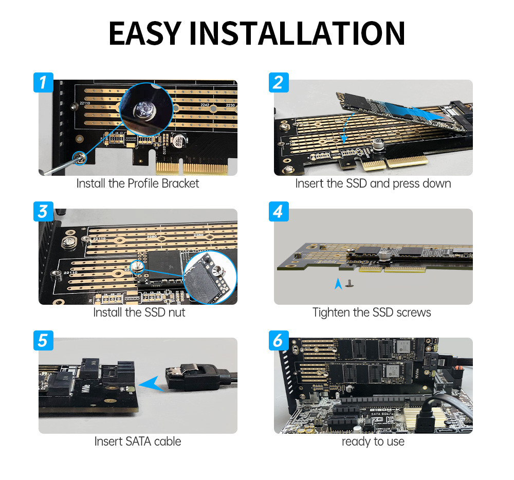 JEYI SK6 M.2 Dual M.2 PCIE 4.0 Adapter for NVMe / NGFF SSD, NVME (m Key) and SATA (b Key) SSD to ...