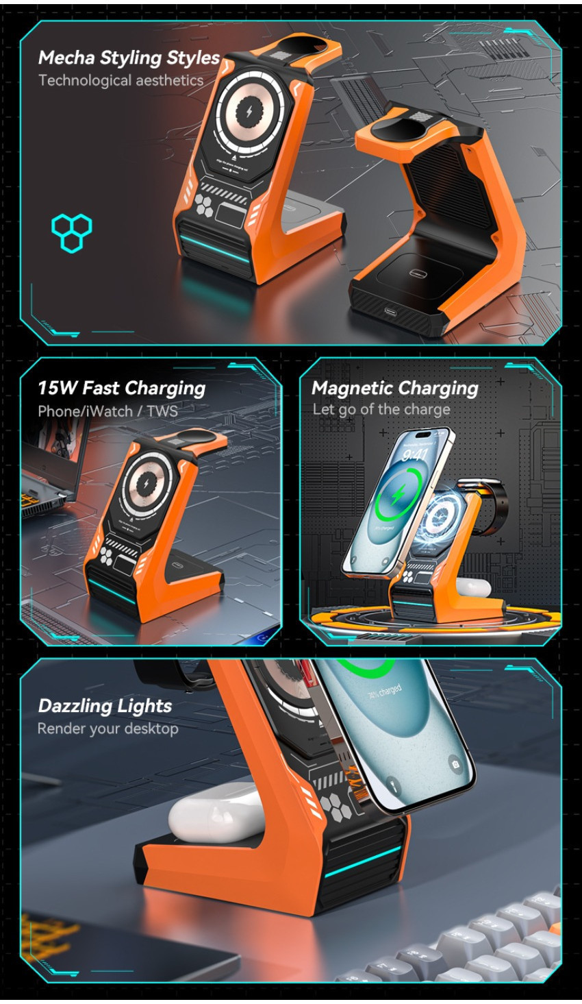 Wireless Charging Station With RGB Light,3 in 1 Magnetic Wireless ...