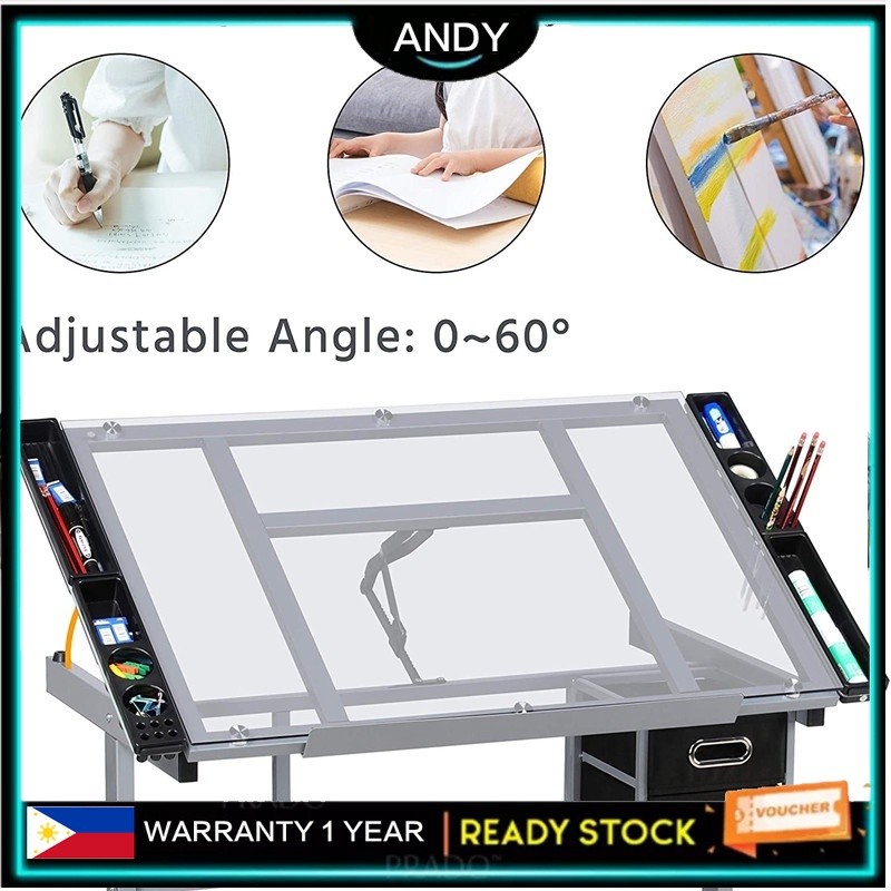Drafting glass table drafting table with extra side table drawers and 2 ...