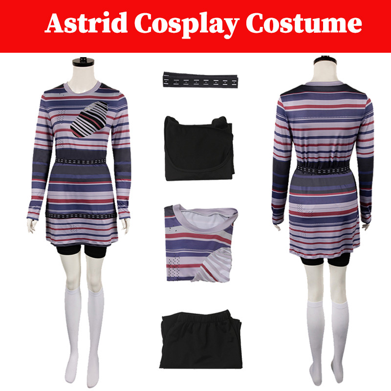 §ˉ Astrid Deetz Cosplay Women Stripe Purple Dress Costume 2024 Movie BJ ...