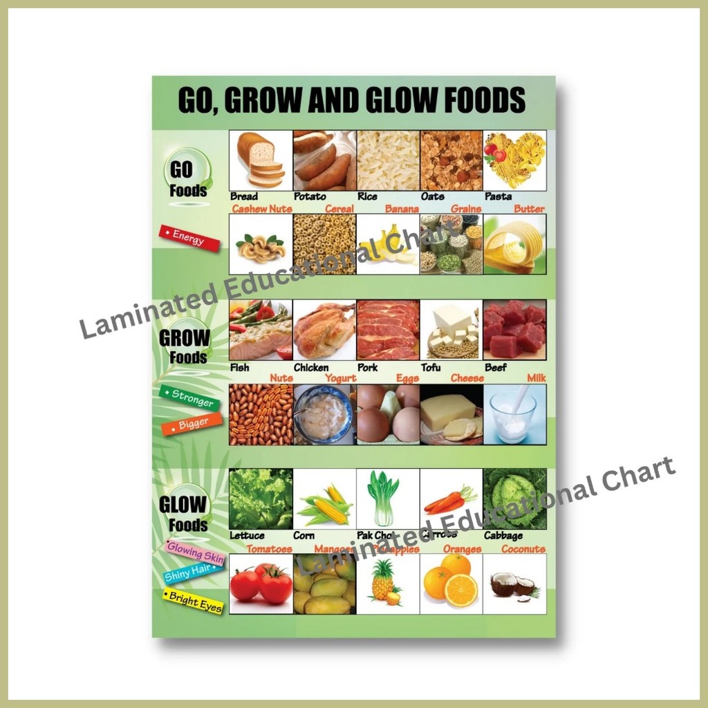 ☪ ๑ ♆ Laminated Go, Grow & Glow Foods Chart for Kids, Learners and ...