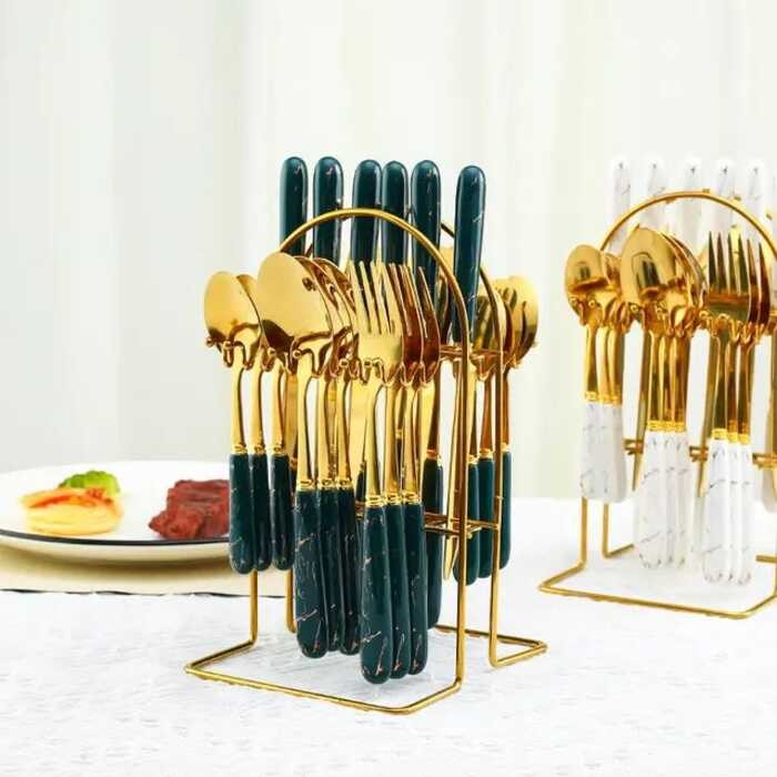 old 24Pcs Cutlery Set Marble Cutlery Set Stainless Steel With Ceramics ...