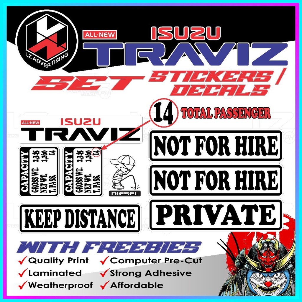 Isuzu Traviz Stickers Set, Capacity, Not for Hire, Private, Keep ...
