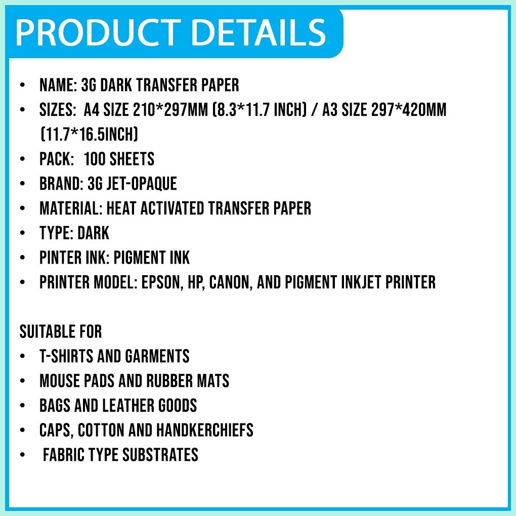 A4 / A3 Size 3G JET Opaque | High Quality Dark Transfer Paper (100 ...