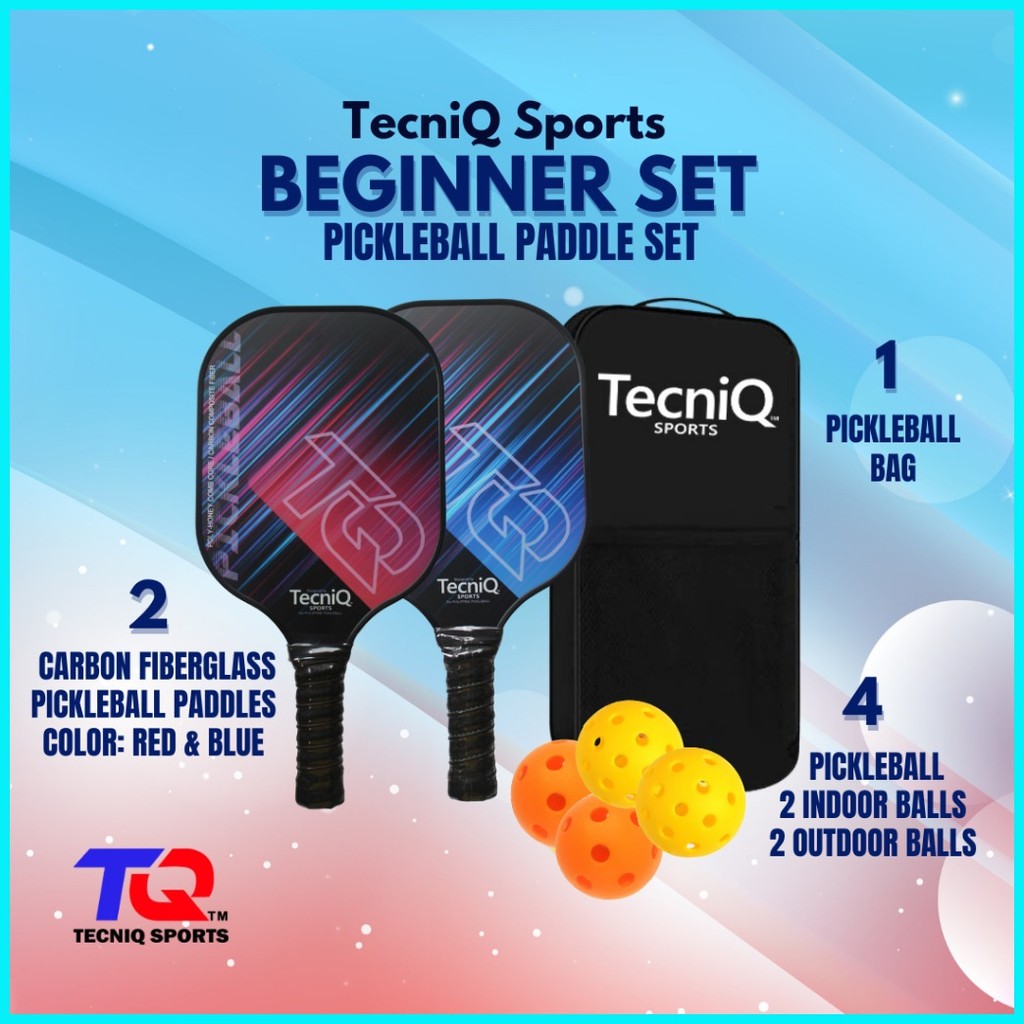 TecniQ Sports Pickleball Beginner Set 2 Carbon Fiber Paddles, 2 Outdoor ...